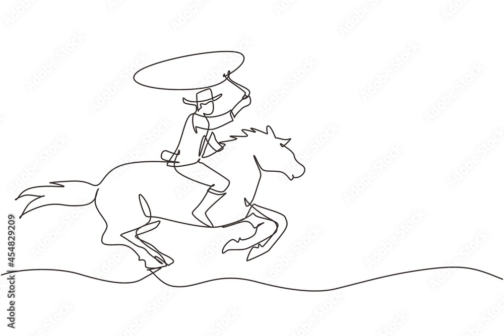 Continuous one line drawing cowboy on horse galloping across desert ...