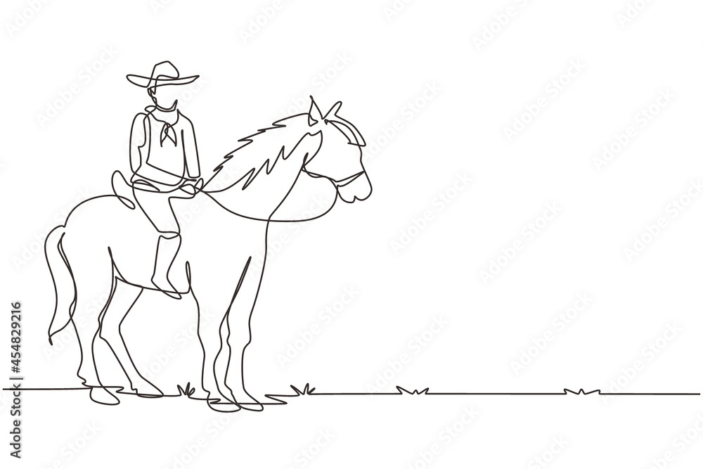 Single continuous line drawing young man with cowboy hat riding horse ...