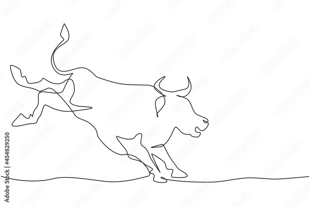 Single one line drawing rampage bull kick back at rodeo arena. Strong ...
