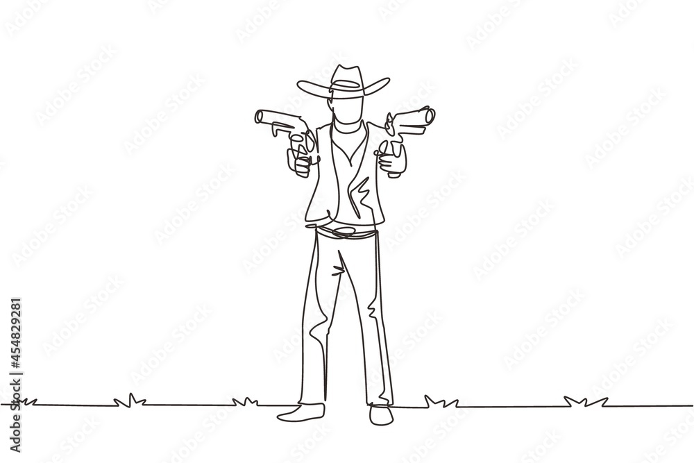 Continuous one line drawing wild west gunslinger holding two guns ...