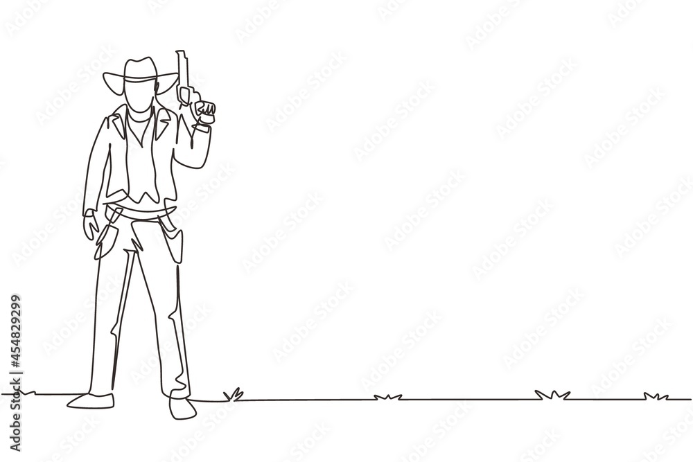 Single continuous line drawing smart cowboy with hat holding his gun ...