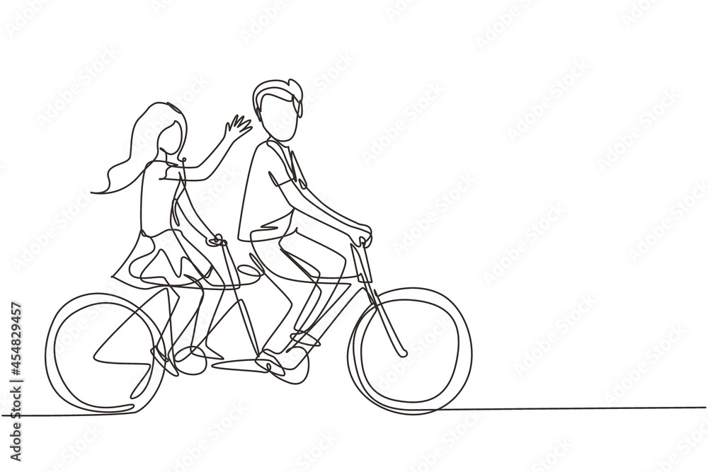 Continuous one line drawing romantic couple. Happy couple is riding ...