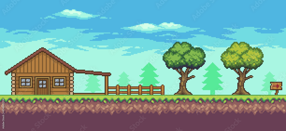 Pixel art arcade game scene with wood house, trees, fence and clouds ...