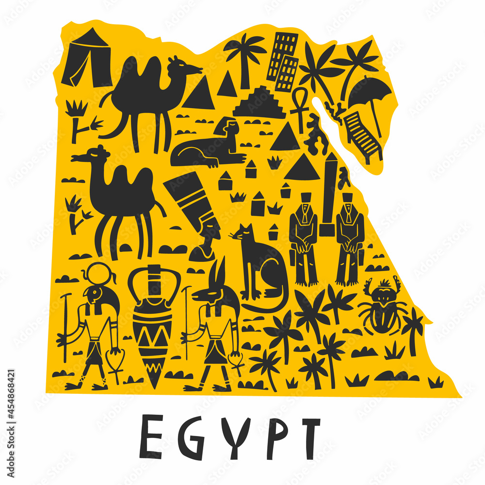 Vector hand drawn stylized map of Egypt. Travel illustration of Arab ...