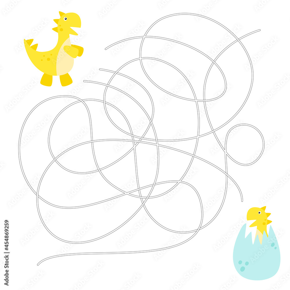 Dinosaur in the labyrinth. Printout for preschoolers. EPS 10. Way, road ...