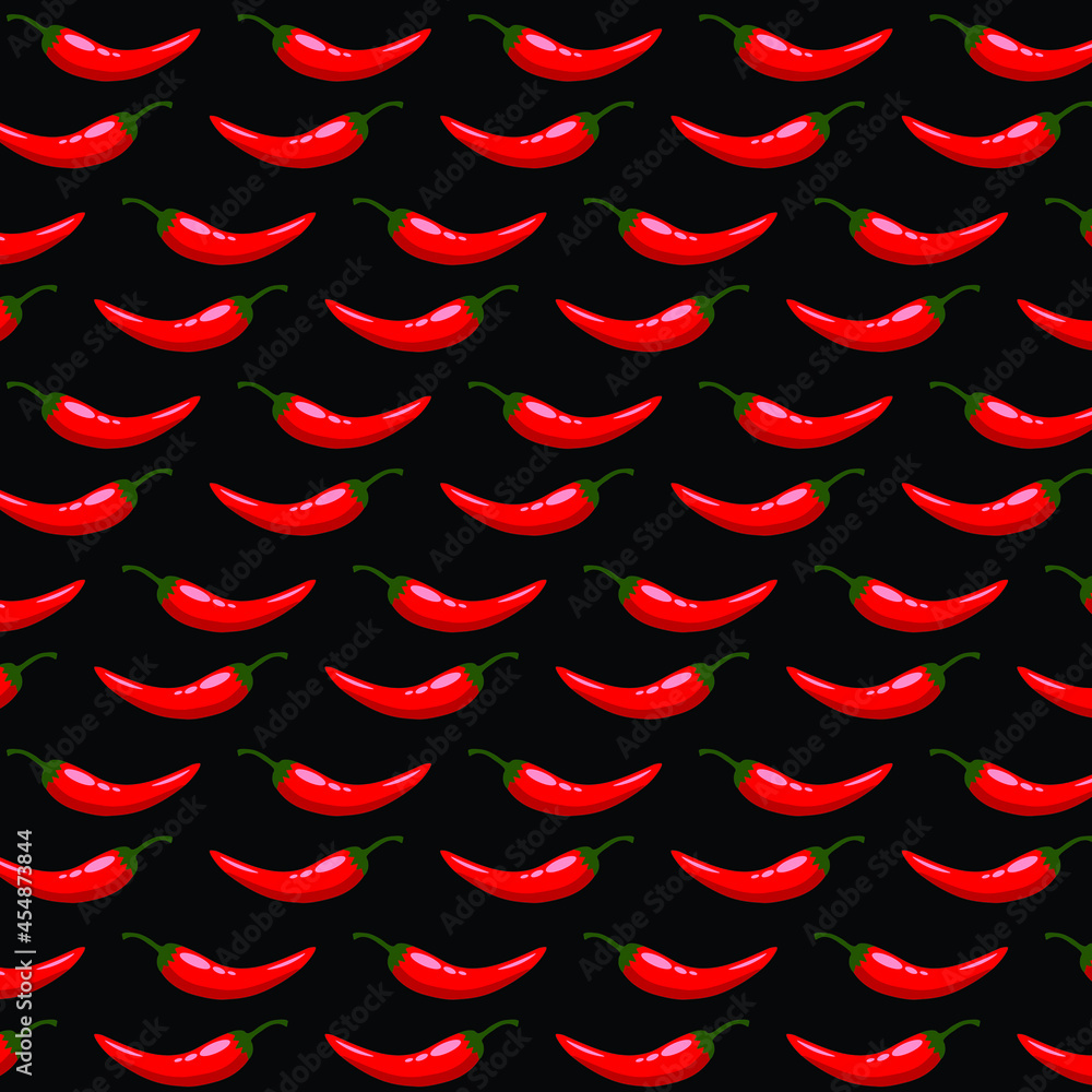 Red hot chilli peppers on black background,seamless vector pattern.Hot ...