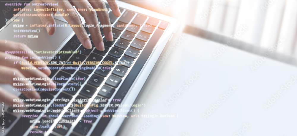 Computer coding, Digital software technology development concept. Close up of woman programmer ...