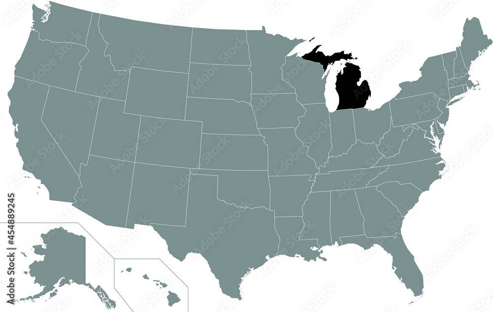Black highlighted location map of the US Federal State of Michigan ...