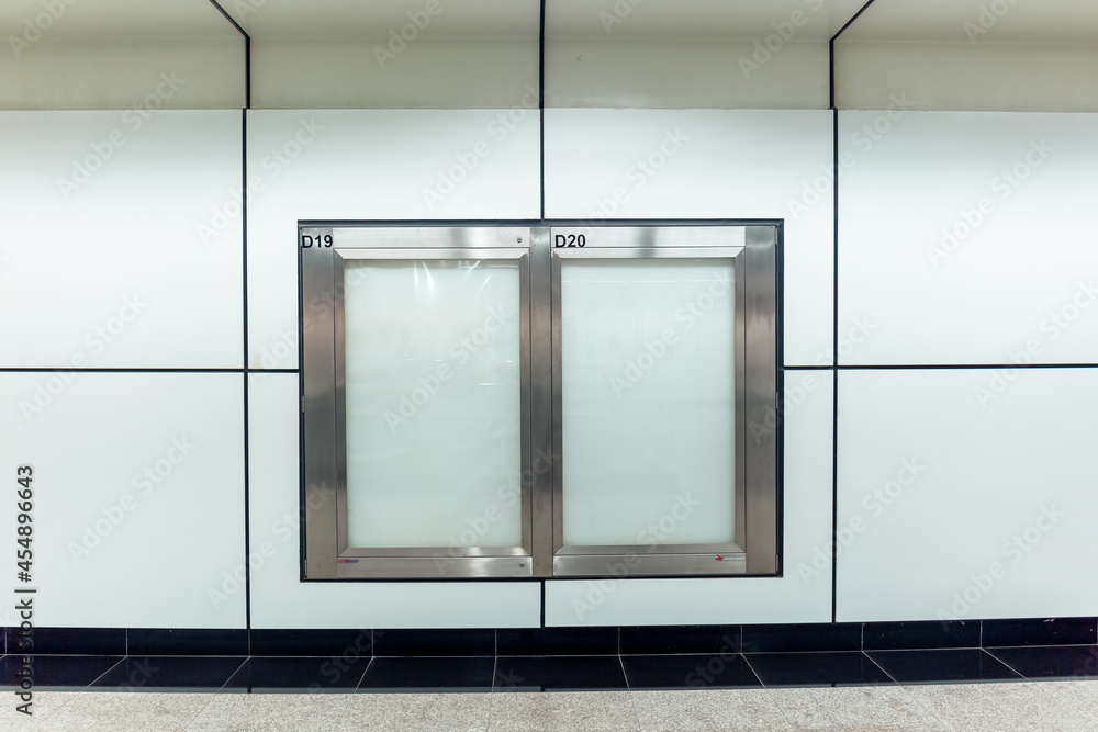 Blank advertising lightbox in metro subway station shot in asia ...