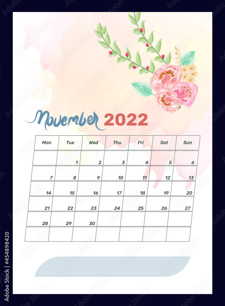 Beautiful Watercolor Floral 2022 November Calendar Design Template for ...