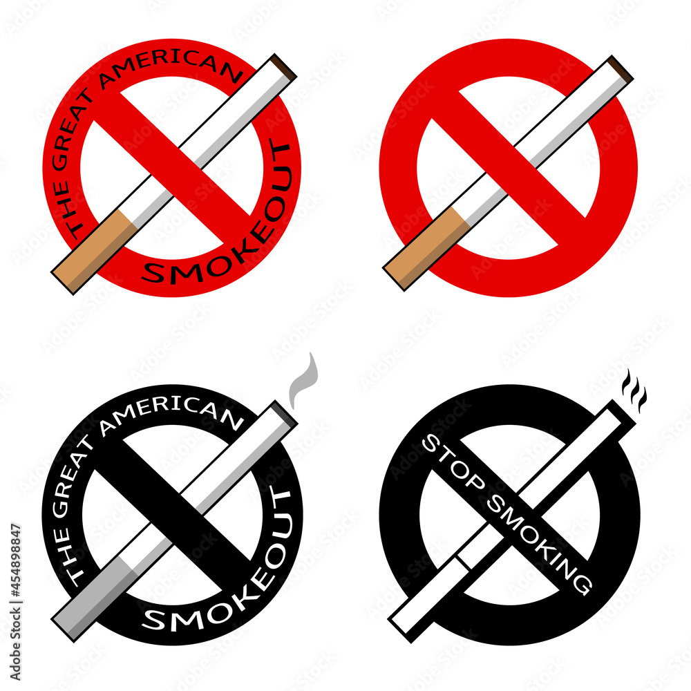 Set of signs with a crossed out cigarette. Smoking is Prohibited. The ...