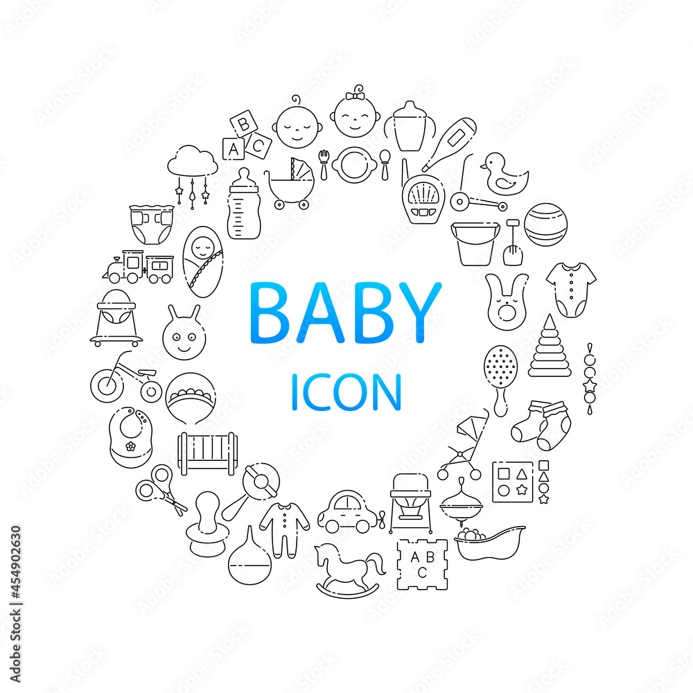 Baby line art icon set. Vector illustration thin outline child signs ...