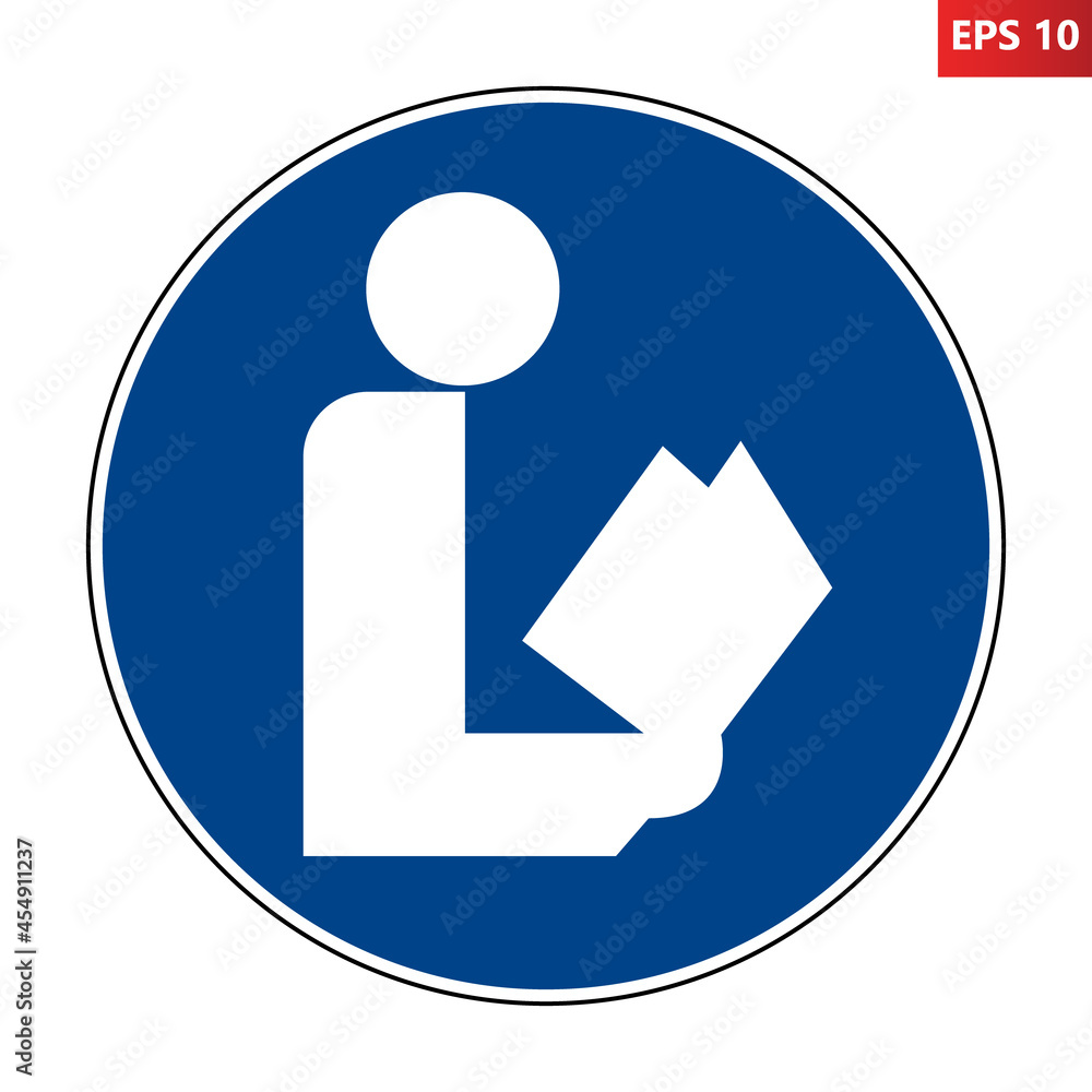 Library sign. Vector illustration of circular blue sign with man ...