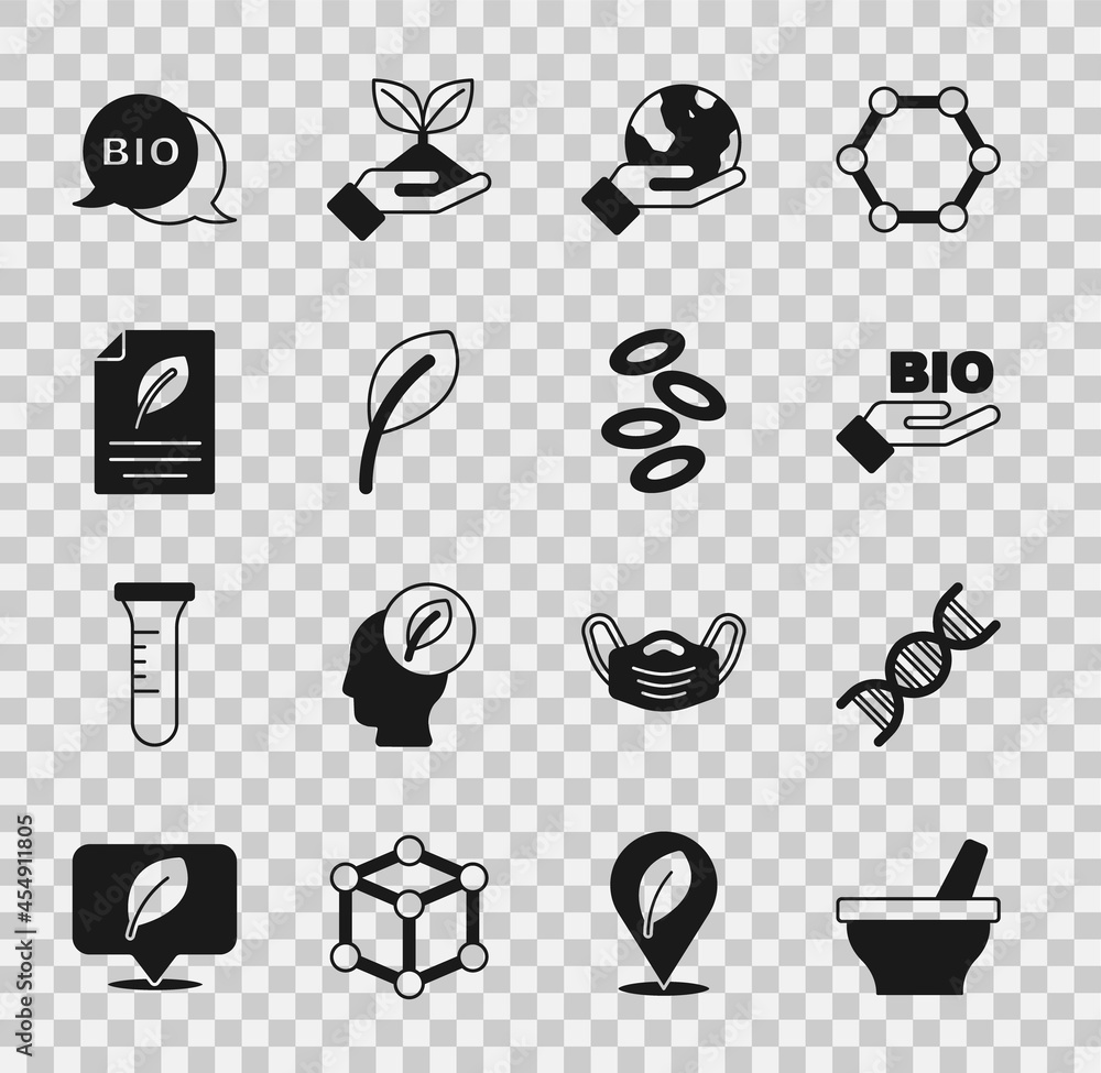 Set Mortar and pestle, DNA symbol, Bio healthy food, Hand holding Earth ...