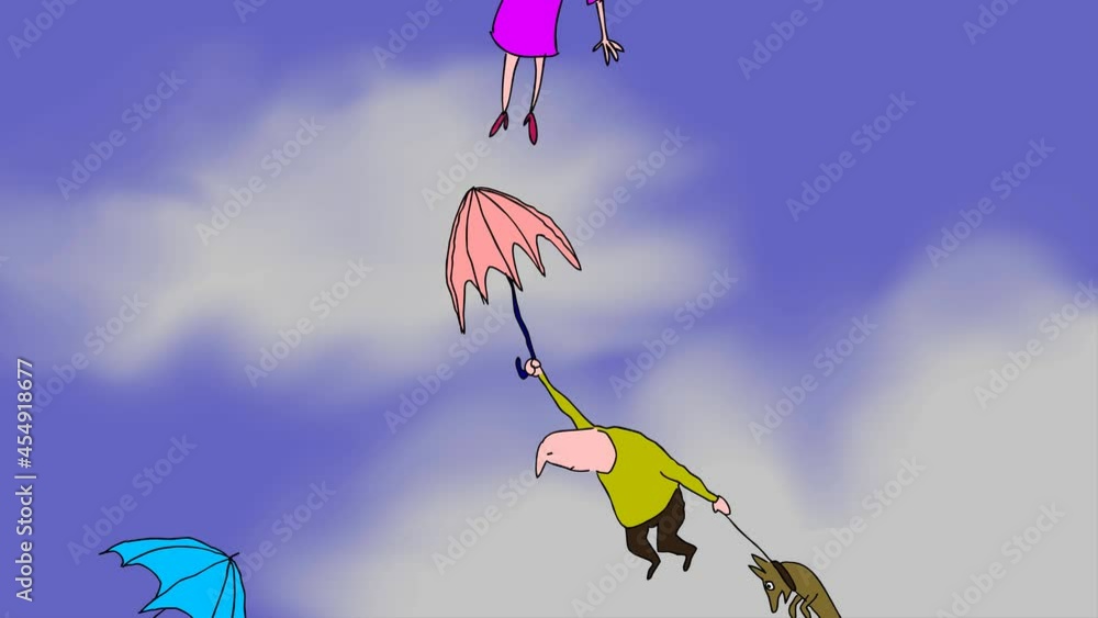 Cartoon people flying with storm. 4K.Hand drawn animation.Loopable ...