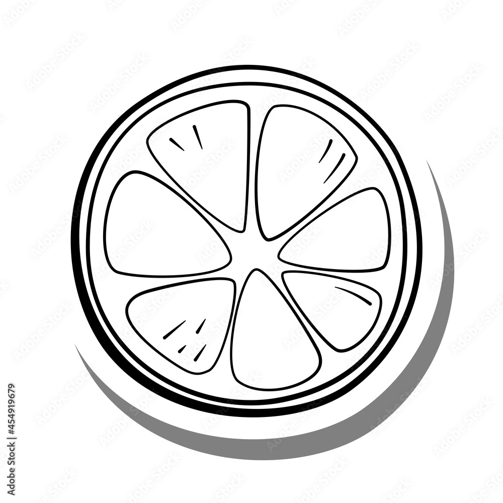 Orange slice line, Doodle on white silhouette and gray shadow. Hand ...