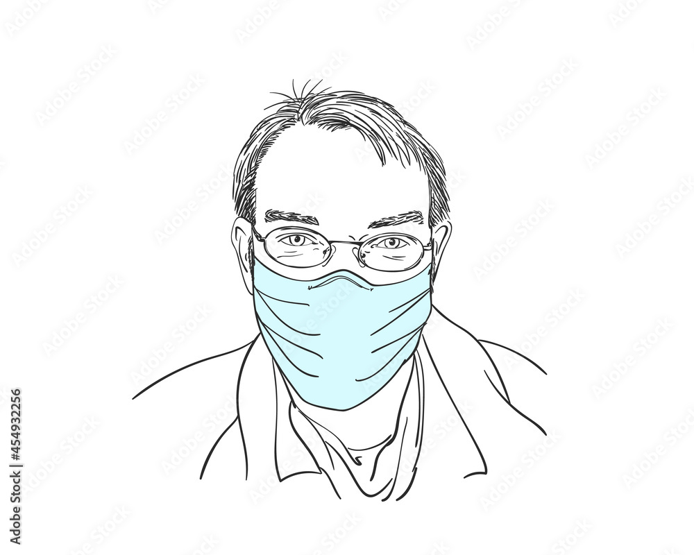 Man in medical face mask and eyeglasses vector drawing, Hand drawn ...