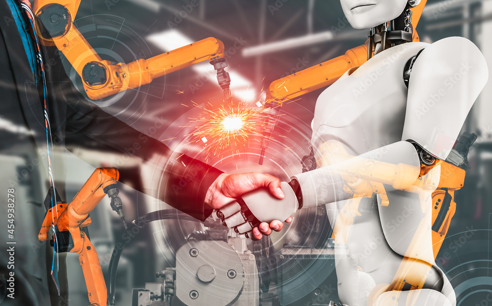 Mechanized industry robot and human worker working together in future ...