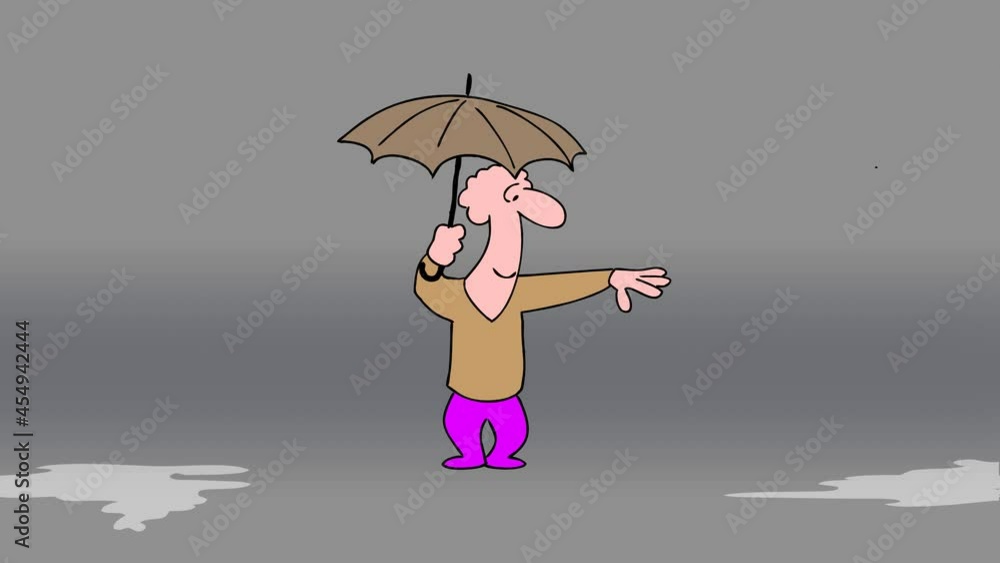 Rock falling down on man´s head after stop the rain. 4K.2D hand drawn ...