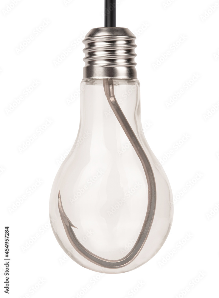 Classic incandescent light bulb with fishing hook isolated on white ...
