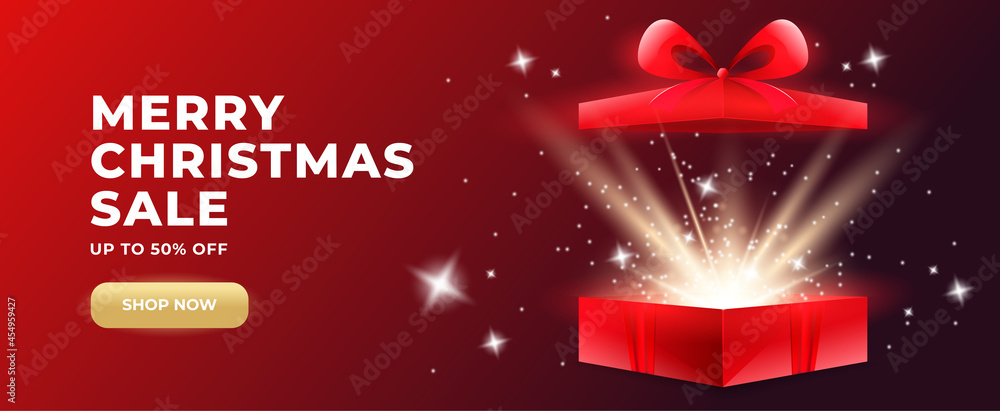 Promo banner with open gift box and gold glowing confetti with surprise ...