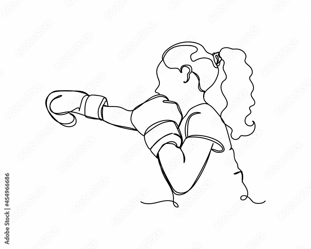 Vecteur Stock Continuous one line drawing of girl woman in boxing icon ...