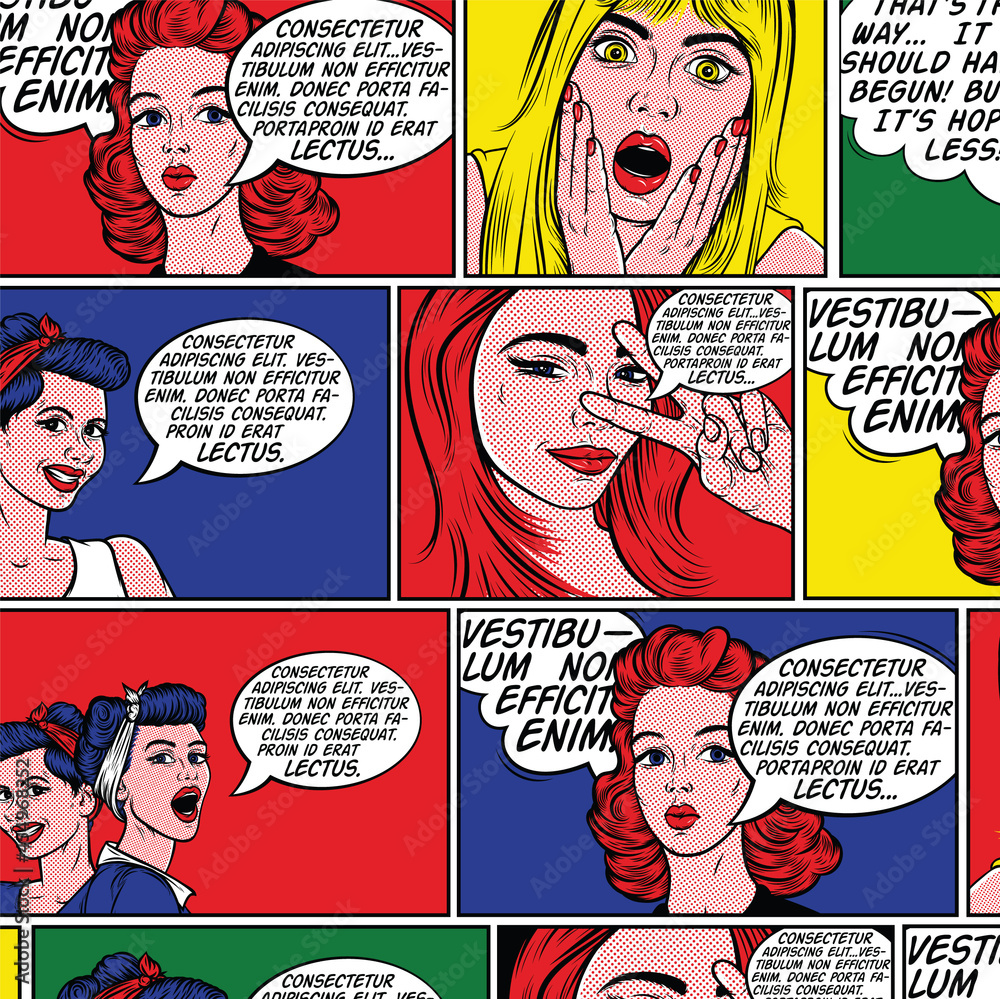 ภาพประกอบสต็อก Retro comic book background. Pop art background. Women ...