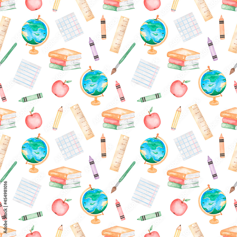 Watercolor hand drawn school supplies seamless pattern, Globus, pencil ...