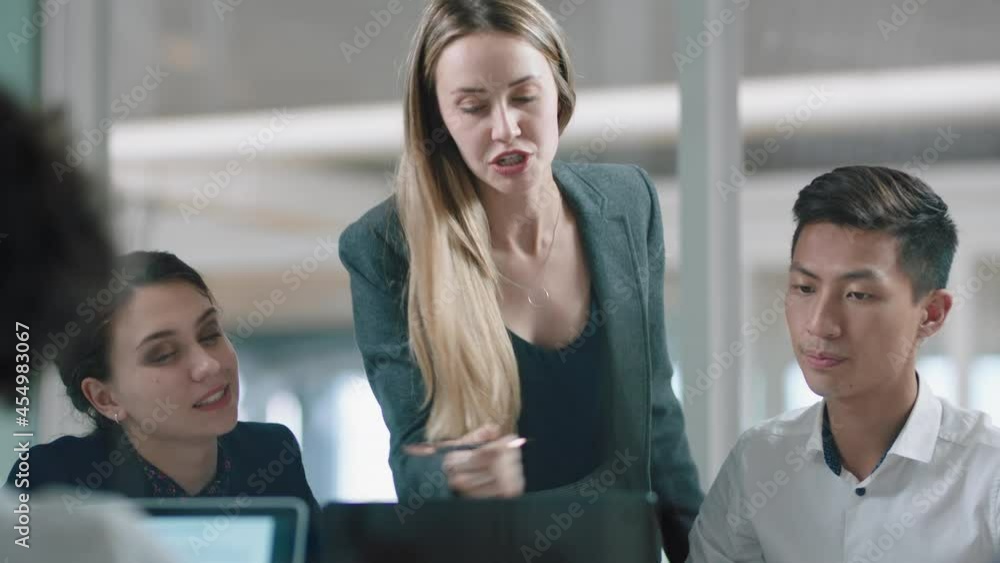 business people brainstorming using laptop computer team leader woman ...