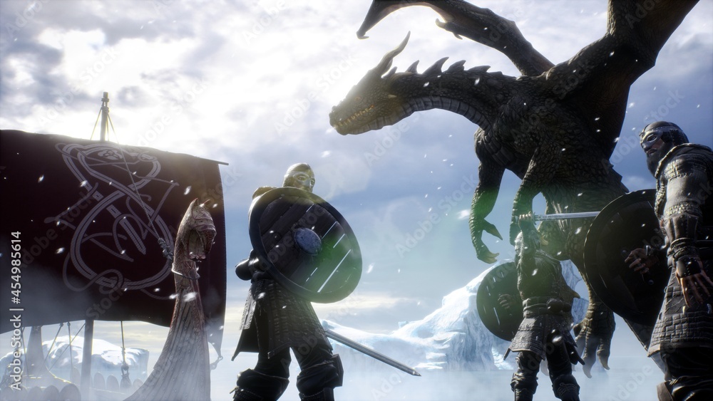 Fearless Vikings fight the dragon next to their drakkar. Viking warship ...