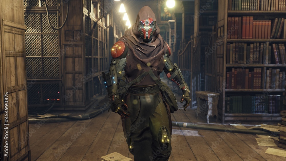 A cybernetic man in a cassock walks down the hallway in his futuristic ...