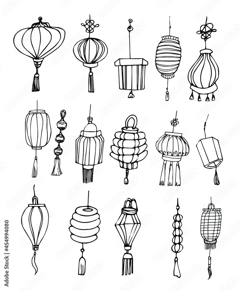 Chinese Paper Lantern Festival Vector Clip Art Illustration. Big doodle ...