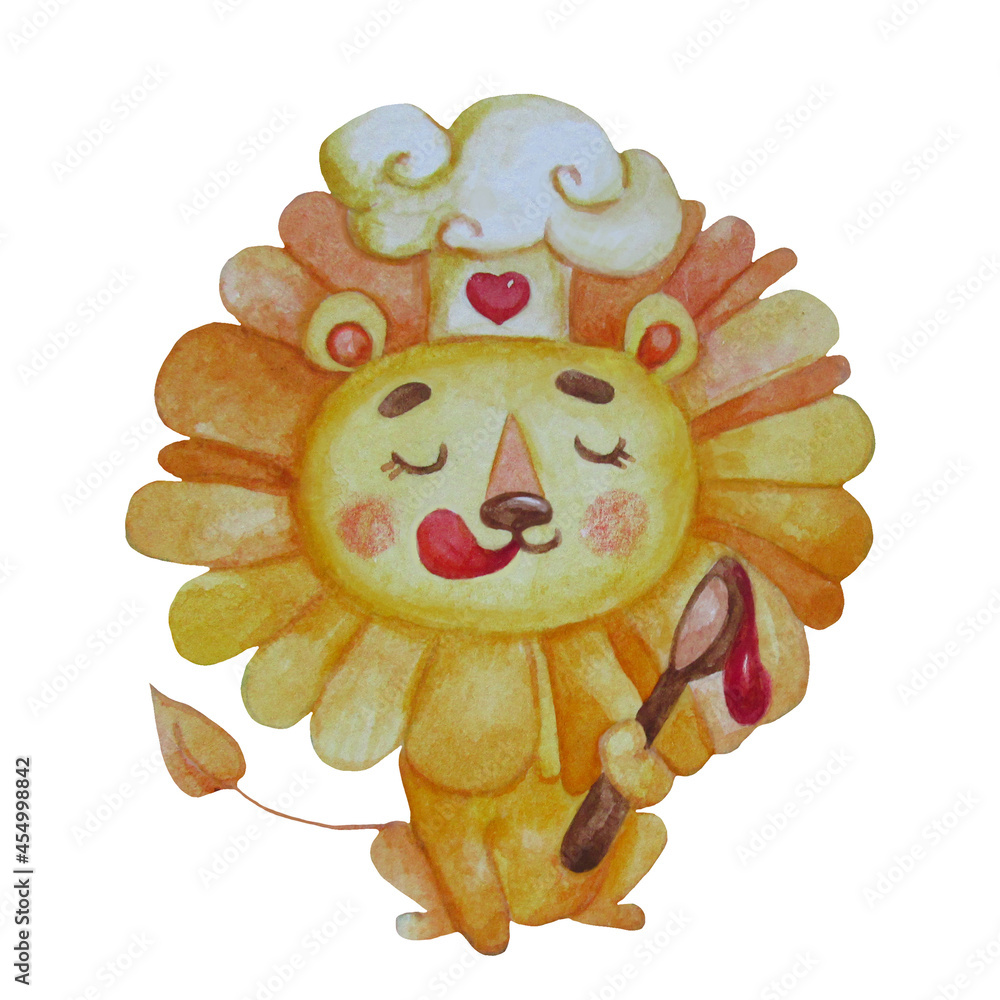 Cute lion chef. wild animal in a chefs hat with a spoon in its paw ...