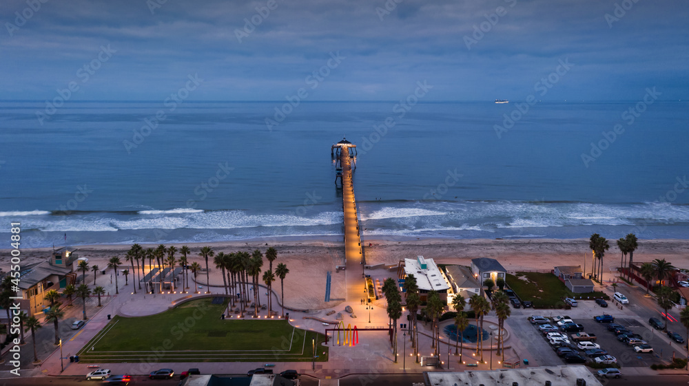 Birdseye view of Imperial Beach Pier and boardwalk at dawn Stock Photo ...