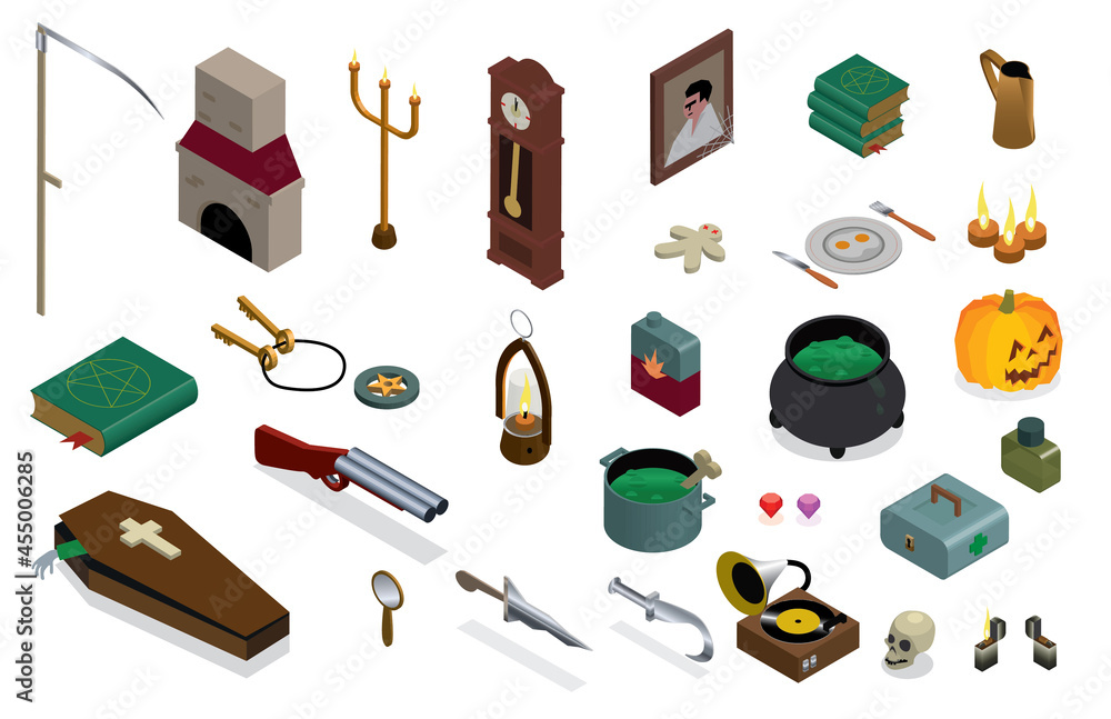 Isometric halloween survival horror game inventory items, occult set of ...