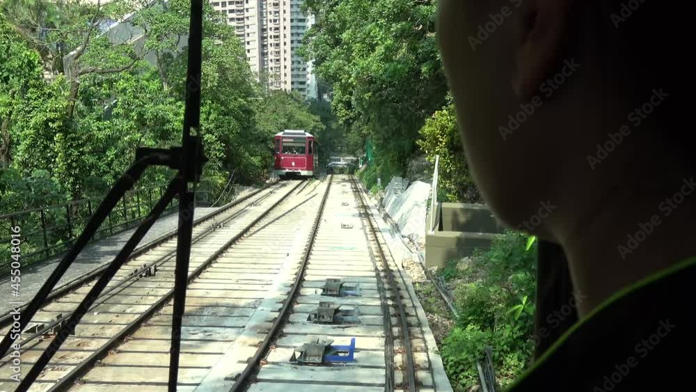 Onboard cockpit view of funicular tram is a form of cable railway which ...