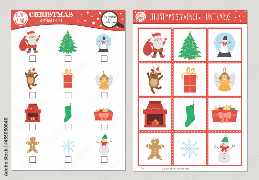 Vector Christmas scavenger hunt cards set. Seek and find game with cute ...