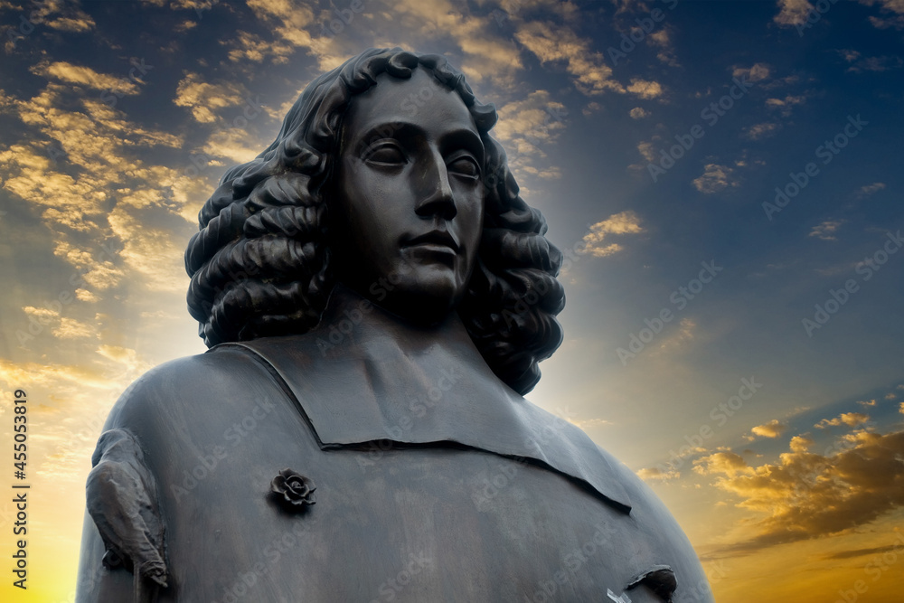 Detail of the statue of Benedict de Spinoza (1632-1677) philosopher ...