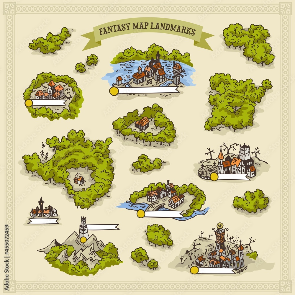 Fantasy Map Landmark illustrations 3 forest and settlement Stock Vector ...