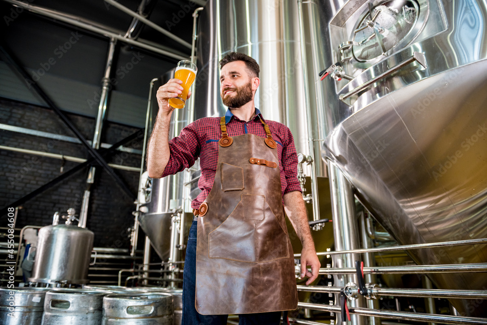 Young brewer wearing a leather apron is testing beer at a modern ...