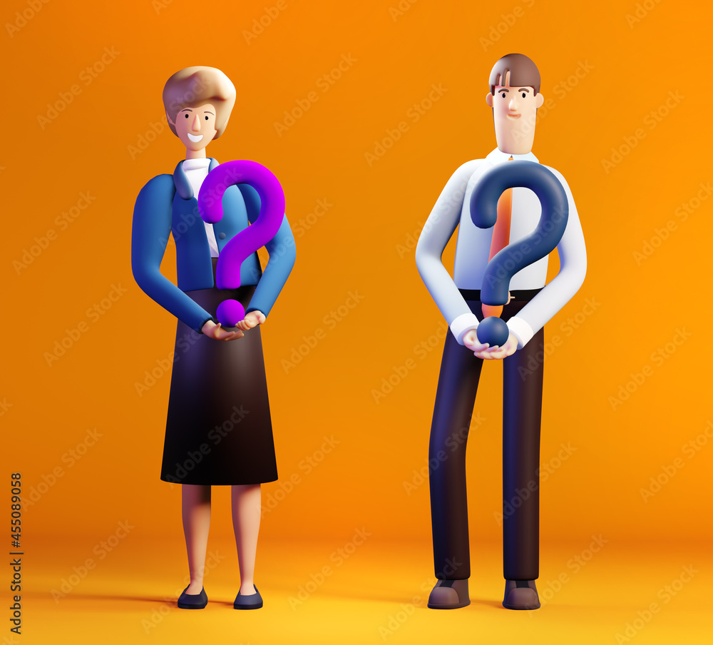 Happy, successful businessman holds Question mark. 3D render ...