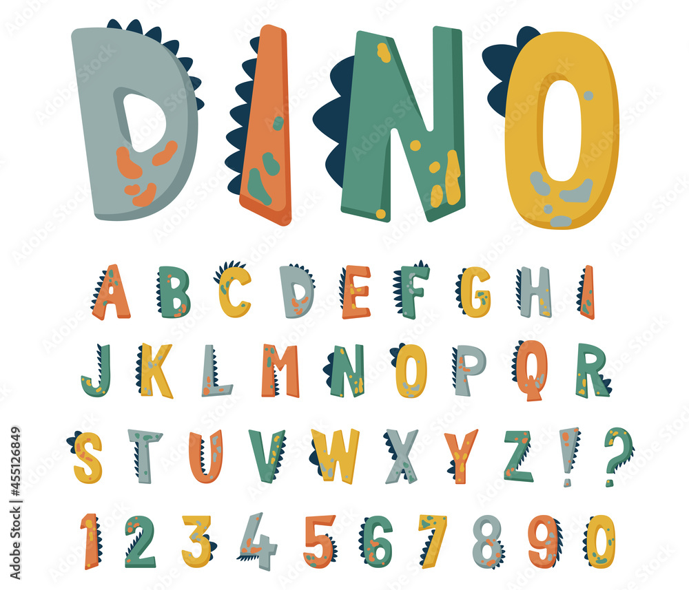 Dinosaur alphabet vector set with cute hand drawn letters and numbers ...
