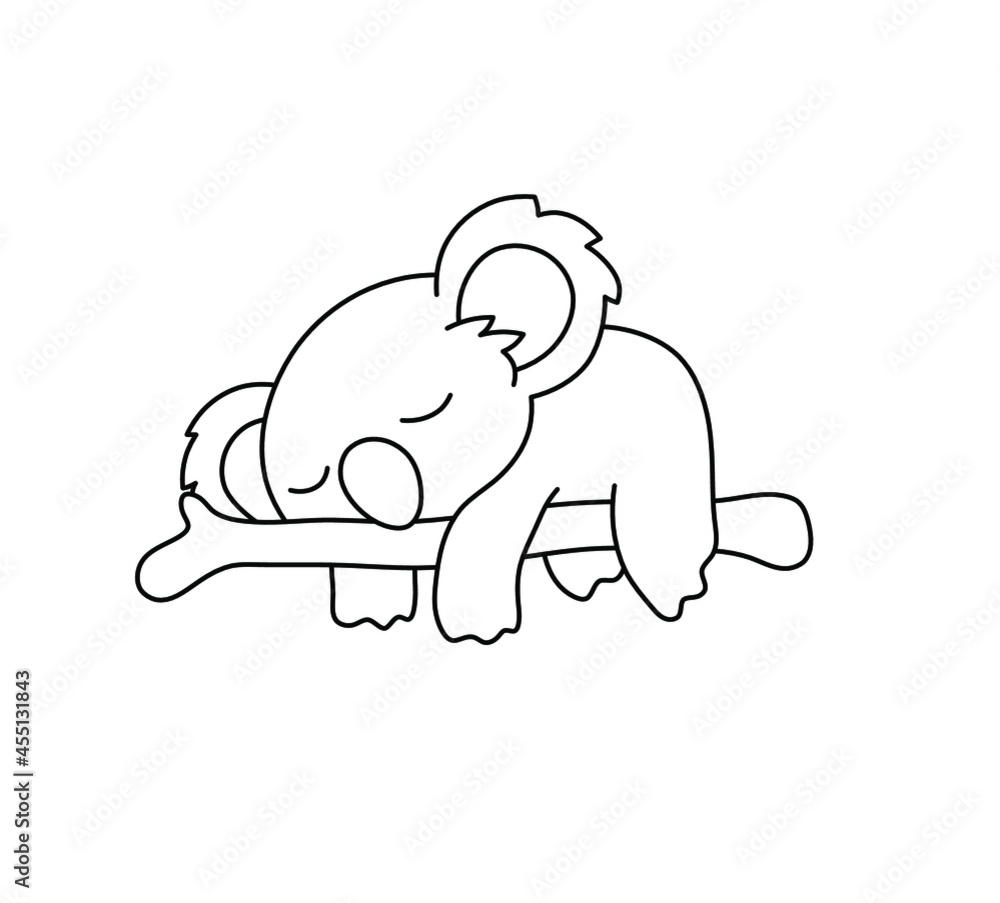 Vector isolated cute cartoon koala sleeping on a tree drawing. Colorless black and white koala ...