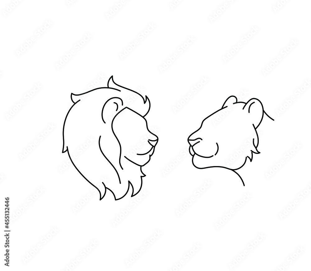 Vector isolated lion and lioness head line drawing. Contour lion and ...