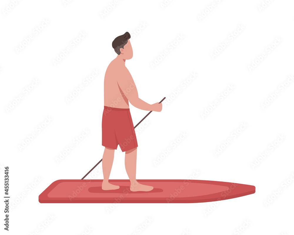 Man swimming to paddleboard semi flat color vector character. Standing ...