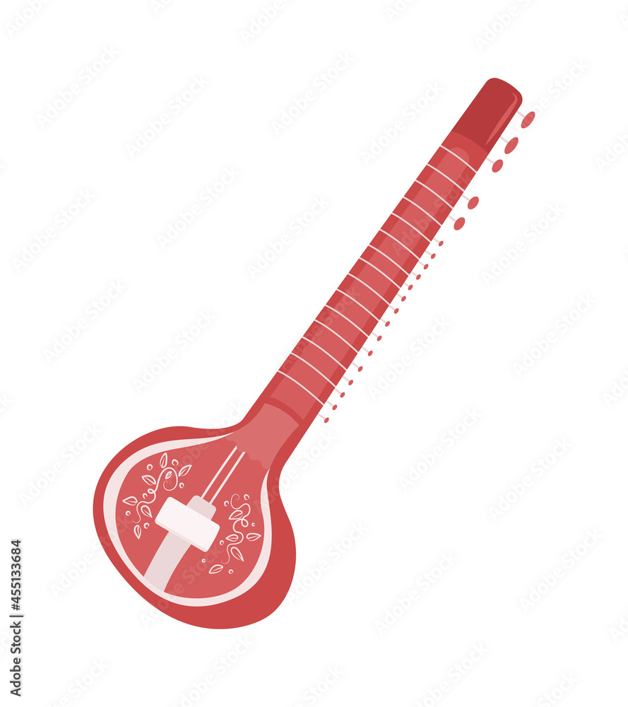 Sitar semi flat color vector object. Full sized item on white. Indian ...