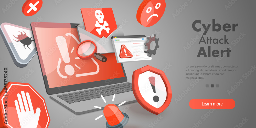3D Vector Conceptual Illustration of Cyber Attack Alert, Stealing ...