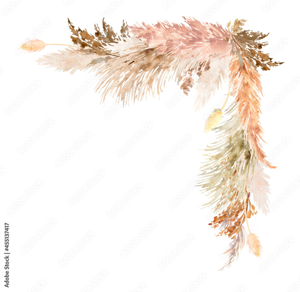 Pampas grass corner painted with watercolor. Botanical boho border ...