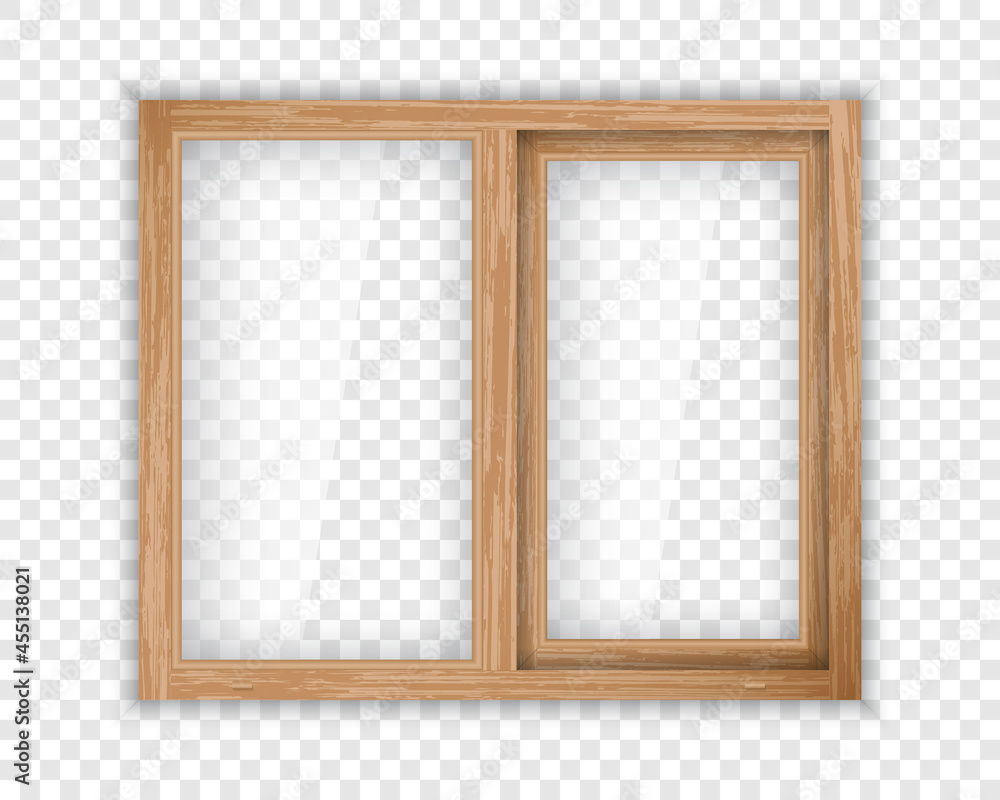 Realistic window with wood texture frame. Double casement wooden window ...