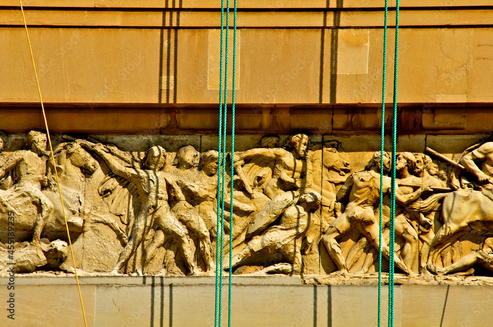 Ropes for “scaffolding” to clean a frieze carved by Richard Westmacott ...